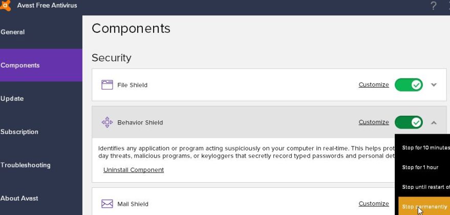 What is avast behavior shield and How to disable it.